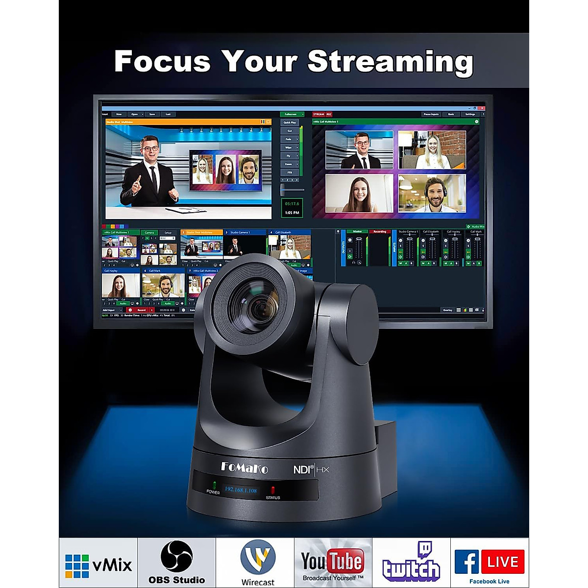 FoMaKo NDI PTZ Camera, 20X-NDI Camera with HDMI 3G-SDI IP Live Streaming PTZ Camera for Church Worship Video Production Education Events PoE 1080P 60FPS for vMix OBS Wirecast (KN20AG Gray)