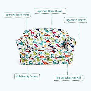 Costzon Kids Couch, Double Seat Children's Sofa w/Dinosaur Pattern, Comfortable Back, Easy to Move, Toddler Armrest Chair for Bedroom, Living Room, Soft Kids Sofa for Preschool Baby Boys Girls Gifts