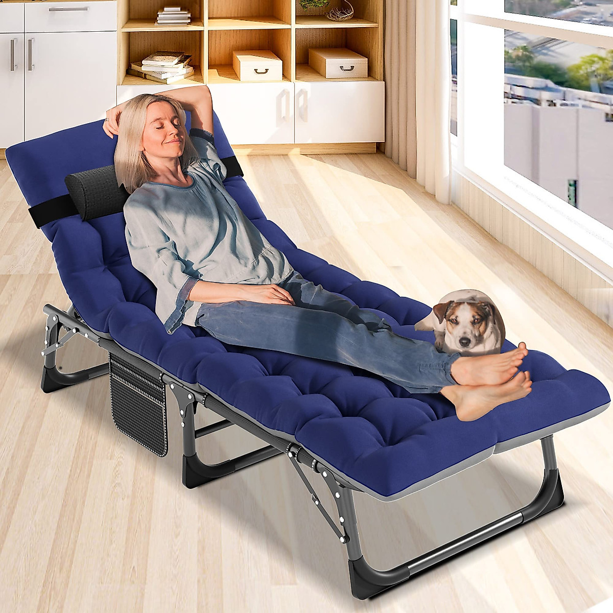 DoCred Folding Chaise Lounge Chair, Folding Cot, 5-Position Adjustable Heavy Duty Patio Chaise Lounges for Outside, Poolside, Beach, Lawn, Camping