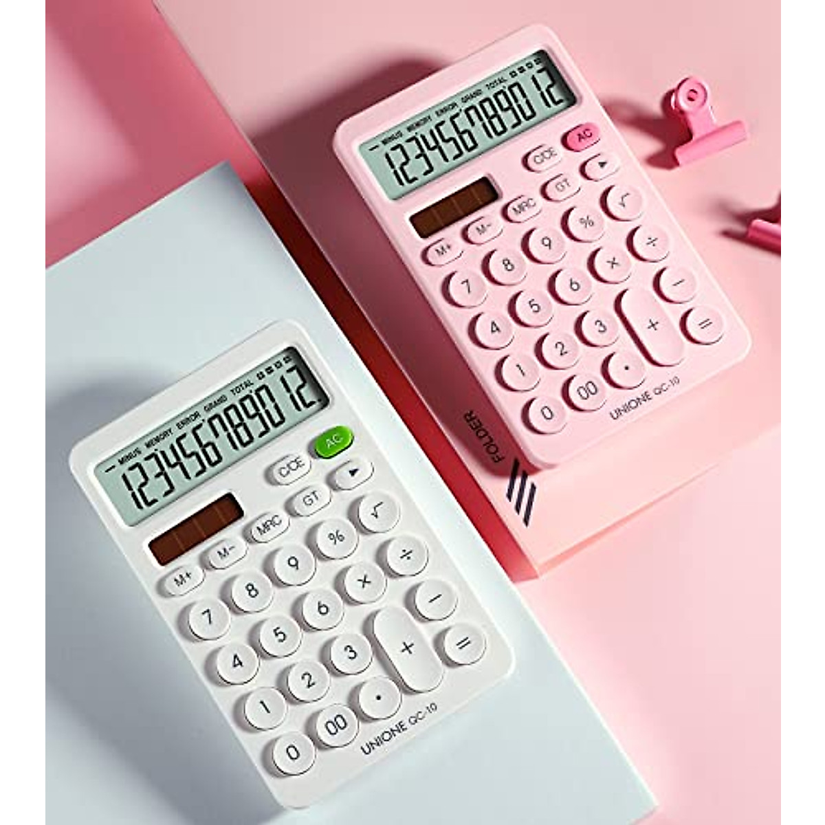 UNIONE White Calculator with a Bright LCD, Dual Power Handheld Desktop. Color. Business, Office, High School (4×6.6in)