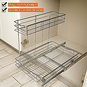 TQVAI Pull Out Cabinet Organizer, 2 Tier Under Sink Storage Shelf with Sliding Drawer, Wire Kitchen Slide Out Basket - 11.75W x 17D x 15.38H, Request at Least 12.5" Cabinet Opening