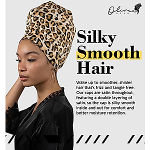 Olivia Sylx Satin Sleep Cap and Hair Bonnet for Sleeping - Satin Lined Sleep Cap, Sleeping Bonnet Satin Head Wrap - Satin Hair Wrap - Cheetah