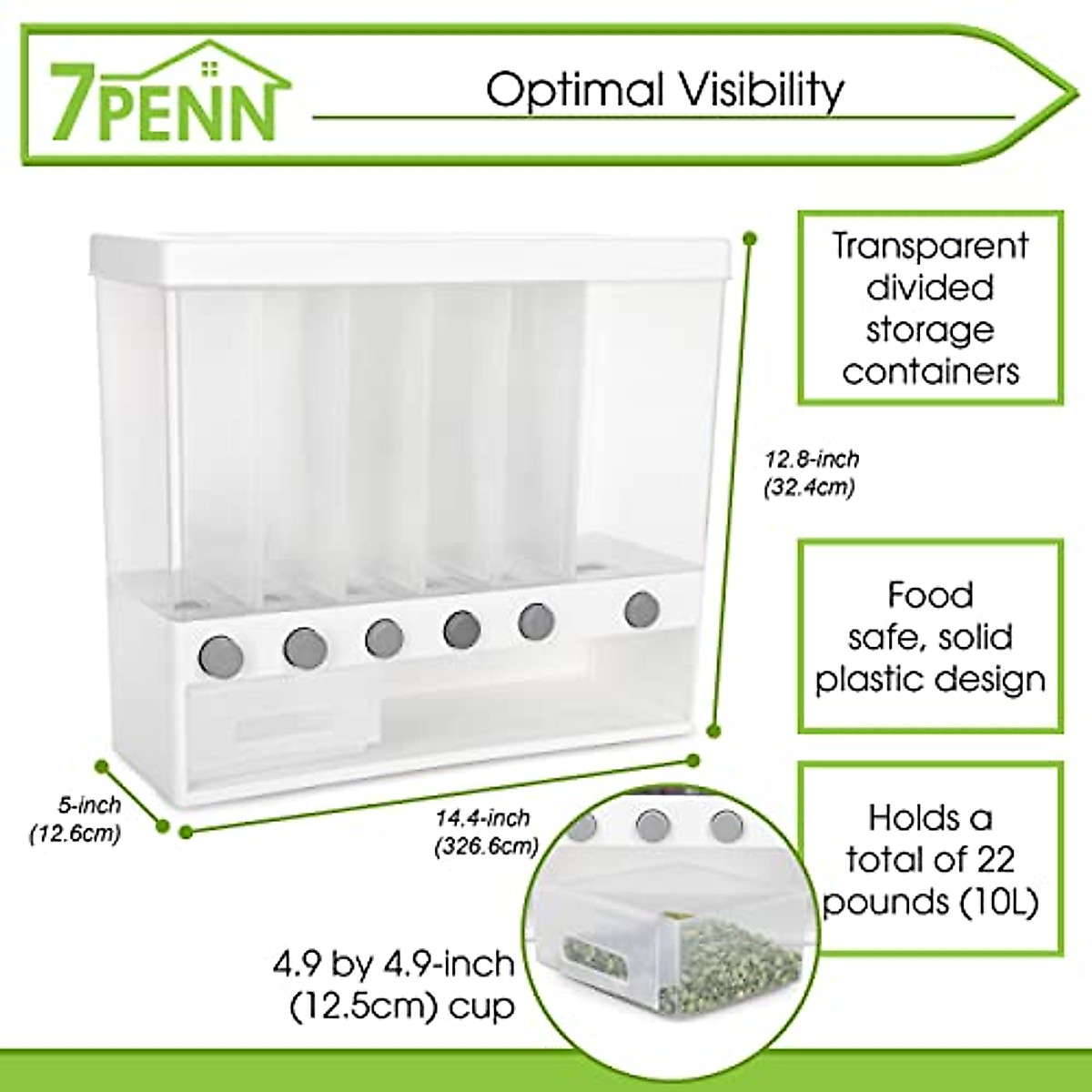 7Penn Multiple Dry Food Dispenser System - 6 Grid Beans and Rice Dispenser Airtight Storage Plastic Containers for Food