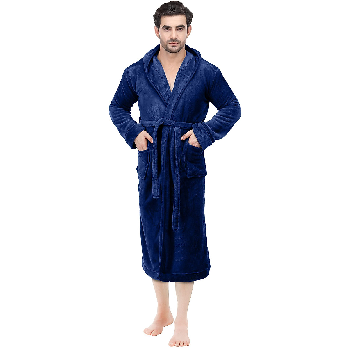 NY Threads Mens Hooded Fleece Bathrobe Plush Long Spa Robe Pack of 1, 2X-Large/3X-Large, Navy