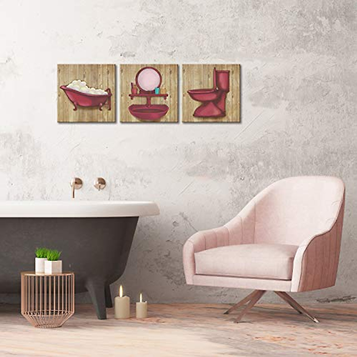 LoveHouse Bathroom Canvas Wall Art Prints Rustic Bath Sets Red Wall Decor Still Life Picture Poster Print On Canvas for Home Shower Room Decoration Stretched Framed Ready to Hang 12x12inchx3panel