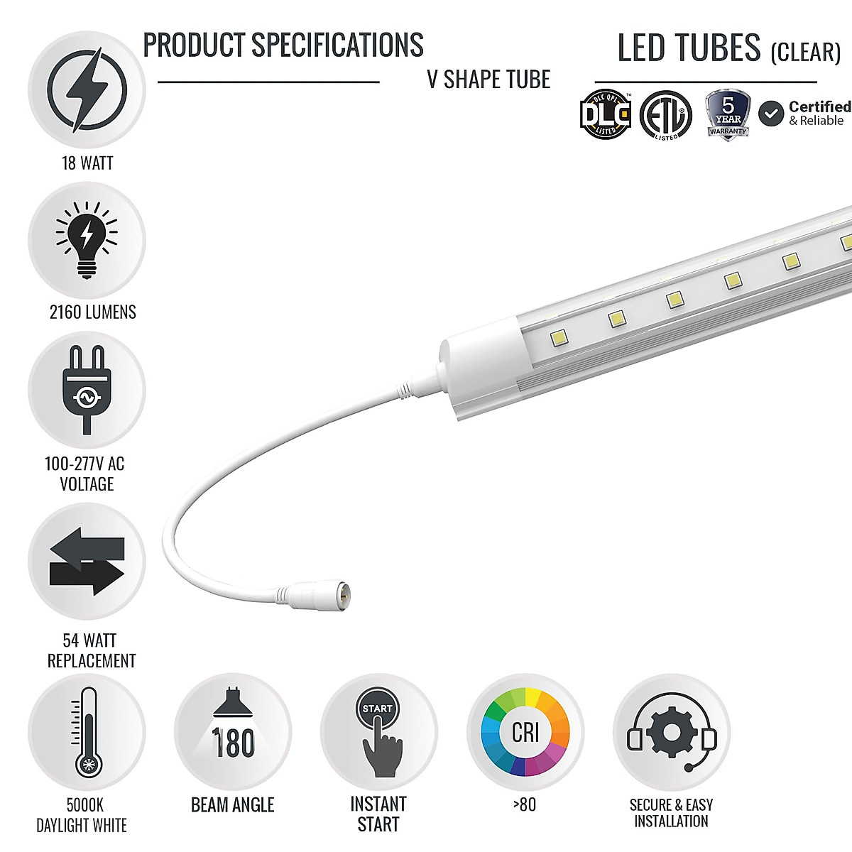LEDMyplace 18W 4ft LED Freezer/Cooler Tubes T8 V-Shape, 2160 Lumens, 5000k Daylight White, 180° Beam Angle, 100-277V, Tube Lights for Supermarkets Freezer, Grocery Stores, Commercial Freezer Lights