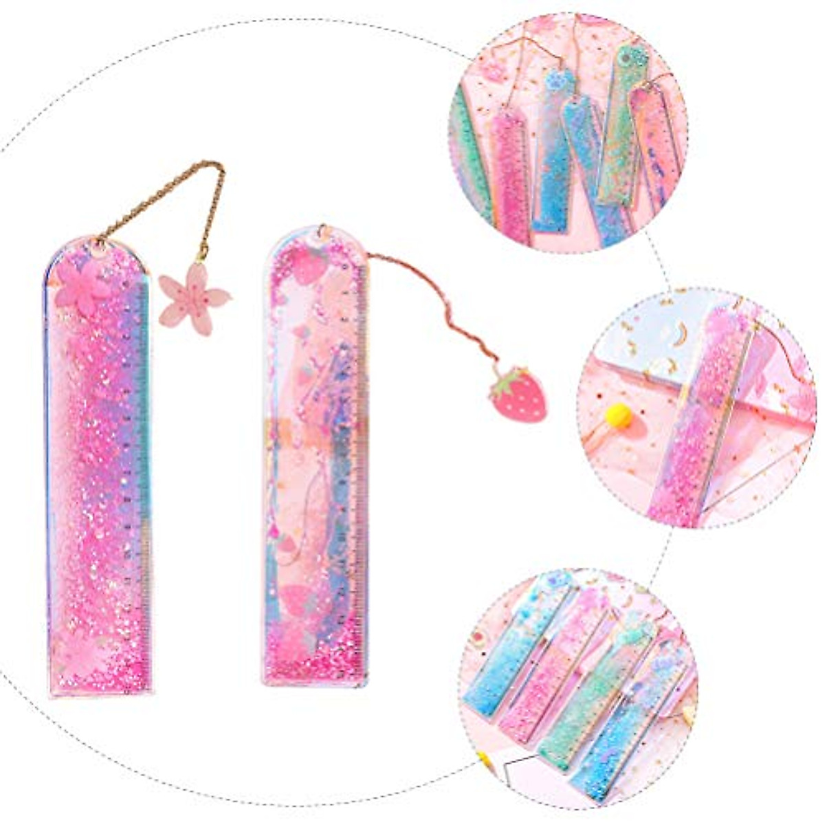 NUOBESTY 2pcs Quicksand Student Stationery Bookmark Ruler Cute Measurement Decoration Ruler Flow Sand Bookmark rulers Girl Drawing Template Cute Page Markers for Girls, Ladies, Children