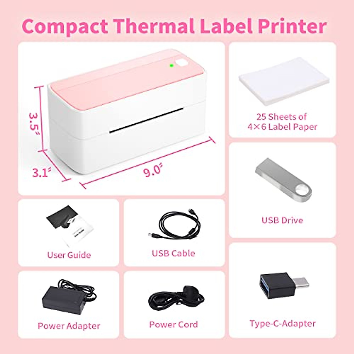Bluetooth Thermal Label Printer 4X6 - Wireless Shipping Label Printer for Small Business & Packages - Pink Thermal Label Printer Shipping Label Makers, Compatible with iPhone, USPS, Etsy, Amazon