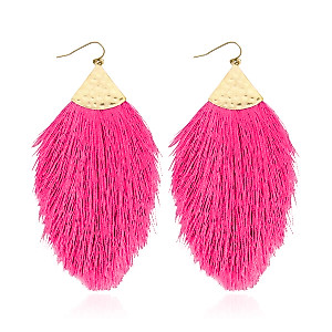 Bohemian Silky Thread Fan Fringe Tassel Statement Earrings - Lightweight Strand Feather Shape Dangles (Feather Fringe - Hot Pink)