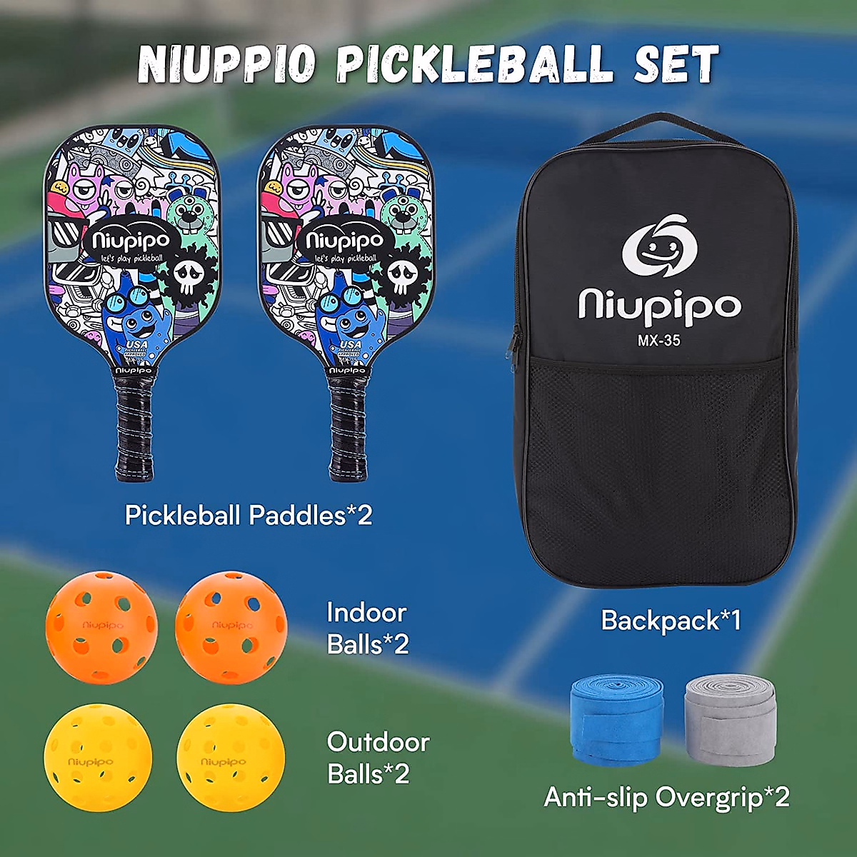 niupipo Pickleball Paddles, Pickleball Paddle Set of 2 w/Honeycomb Core, Fiberglass Surface, 2 Durable Overgrips, 1 Bag, 4 Pickleball Balls, Pickleball Paddle for Outdoor & Indoor Family Games