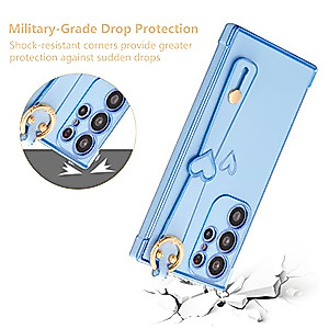 ZTOFERA Samsung Galaxy S21 Ultra 5G Case with Kickstand,Luxury Cute Plating Edge Love Hearts Pattern Wrist Strap Finger Holder for Girls Women,Soft Shockproof Cover for Galaxy S21 Ultra 6.8",Blue