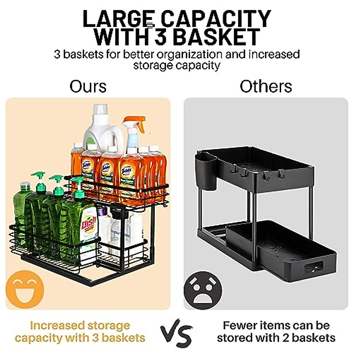 Under Sink Organizer - 2 Tier Pull Out Cabinet Organizers and Storage, 3 Baskets Slide Out Kitchen Organization for Counter Space, for Bathroom, Pantry, Laundry Room, New Home Essentials