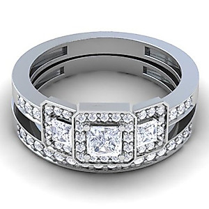 Dazzlingrock Collection 1.00 Carat (Cttw) 14k Round & Princess 3 Stone Diamond Women Engagement Ring Set 1 CT, White Gold, Size 8.5