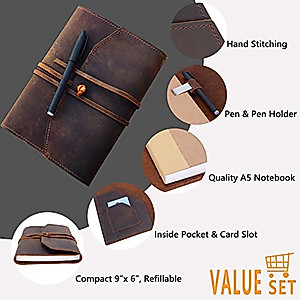 Refillable Leather Journal Writing Notebook - Lay Flat Notebook, Handmade Leather Bound Diary for Men & Women, Gift for Travel Diary, Creative Writing & Art Sketchbook to Write in, Large 6x8