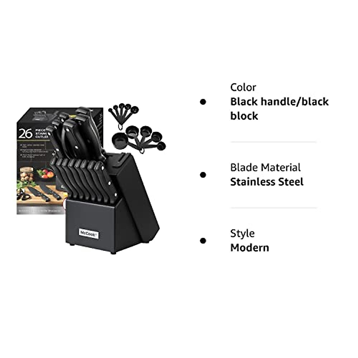 McCook Knife Set with Built-in Sharpener Block, MC701 Kitchen Knife Set with Block, 26 Pcs High Carbon Stainless Steel Kitchen Knife Sets with Block Self Sharpening, Black