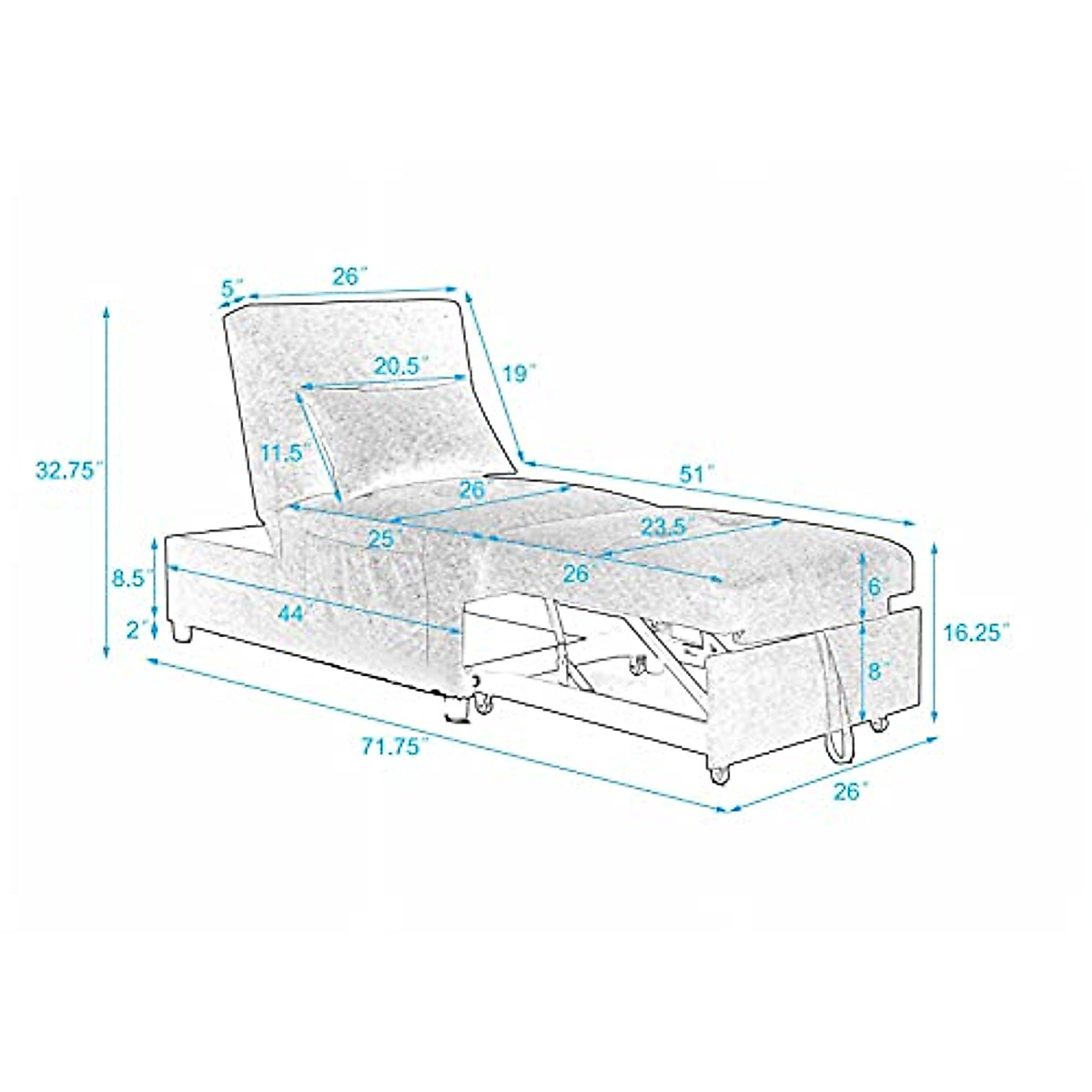 Modern Sofa Bed, 4 in 1 Multi Function Folding Ottoman Sleeper Bed, Convertible Sleeper Chaise, Lounge Chair, Chair Adjustable Backrest Sleeper Couch Bed for Living Room Small Room Apartment (Black)