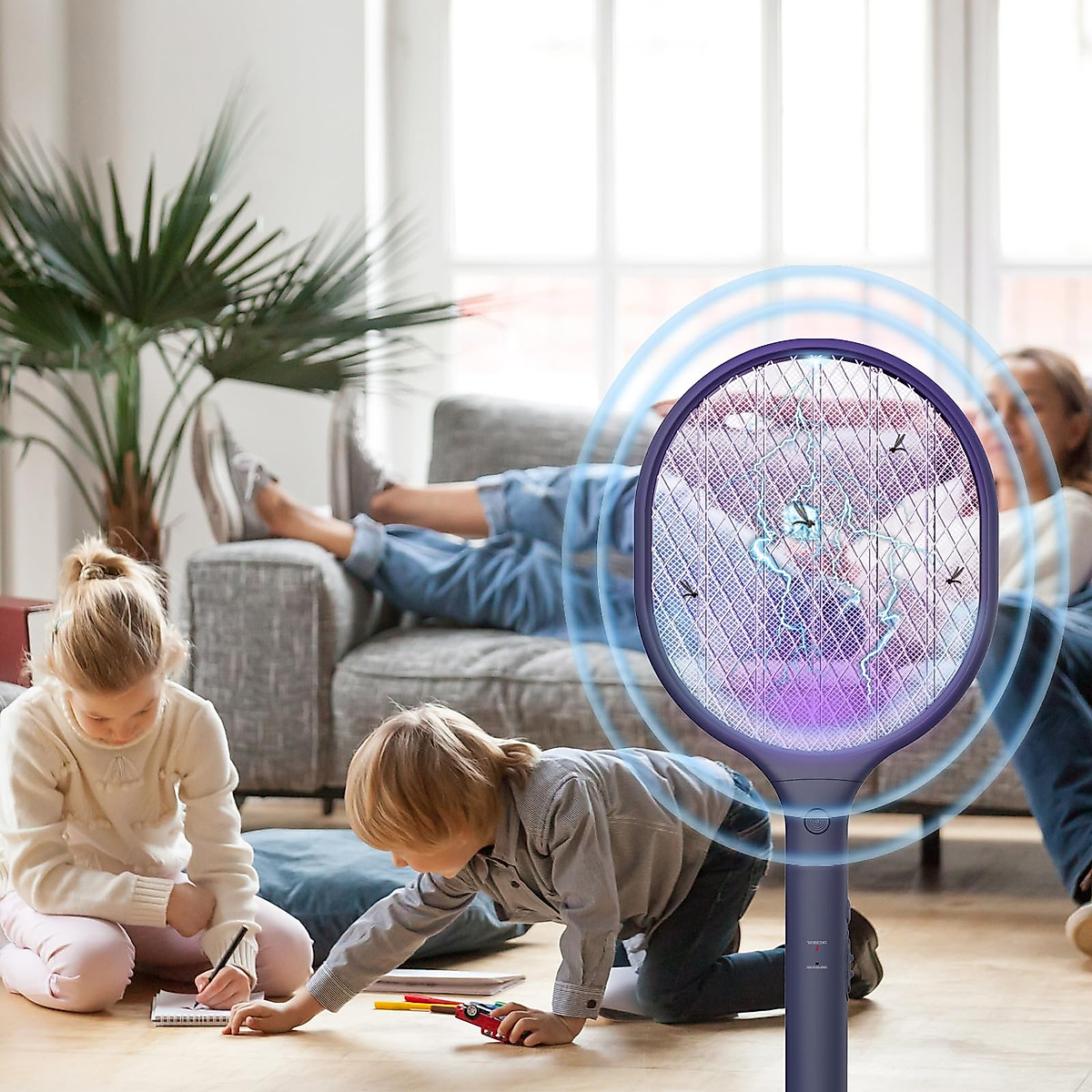 Electric Fly Swatter 2 Pack, 3000V Bug Zapper Racket Fly Zapper with 1500mAh Rechargeable Battery, Indoor Outdoor Fly Trap Mosquito Killer with 3-Layer Safety Mesh for Home, Kitchen, Patio, Camping