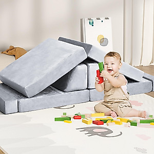 Mmucco Kids Play Couch, 10Pcs Toddler Couch, Kids Sofa Couch, Play Couch Sofa Playroom Bedroom,Modular Kids Couch for Playing, Creativing, Sleeping (Grey)