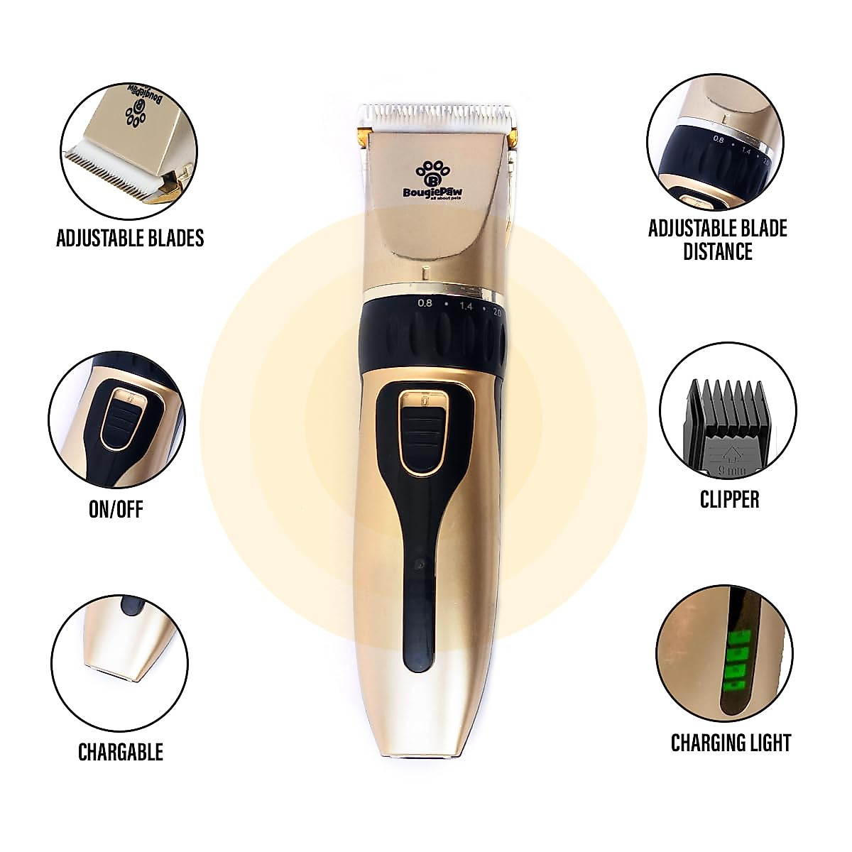 BougiePaw Dog Grooming Kit – Low Noise Cat & Dog Hair Trimmer with Pet Nail Cutter | Cordless Dog Clippers for Grooming Thick Coats with Bath Brush, & Shaver with Scissors for Dogs Cat Animal