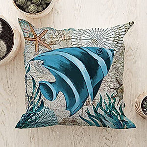 French Retro Ocean Animal Teal Blue Fish Throw Pillow Cushion with Zippe Nautical Sofa Pillow Blue Sea Turtle Rustic Pillow Sham for Living Room Bedroom White Linen 22x22in Housewarming Gift