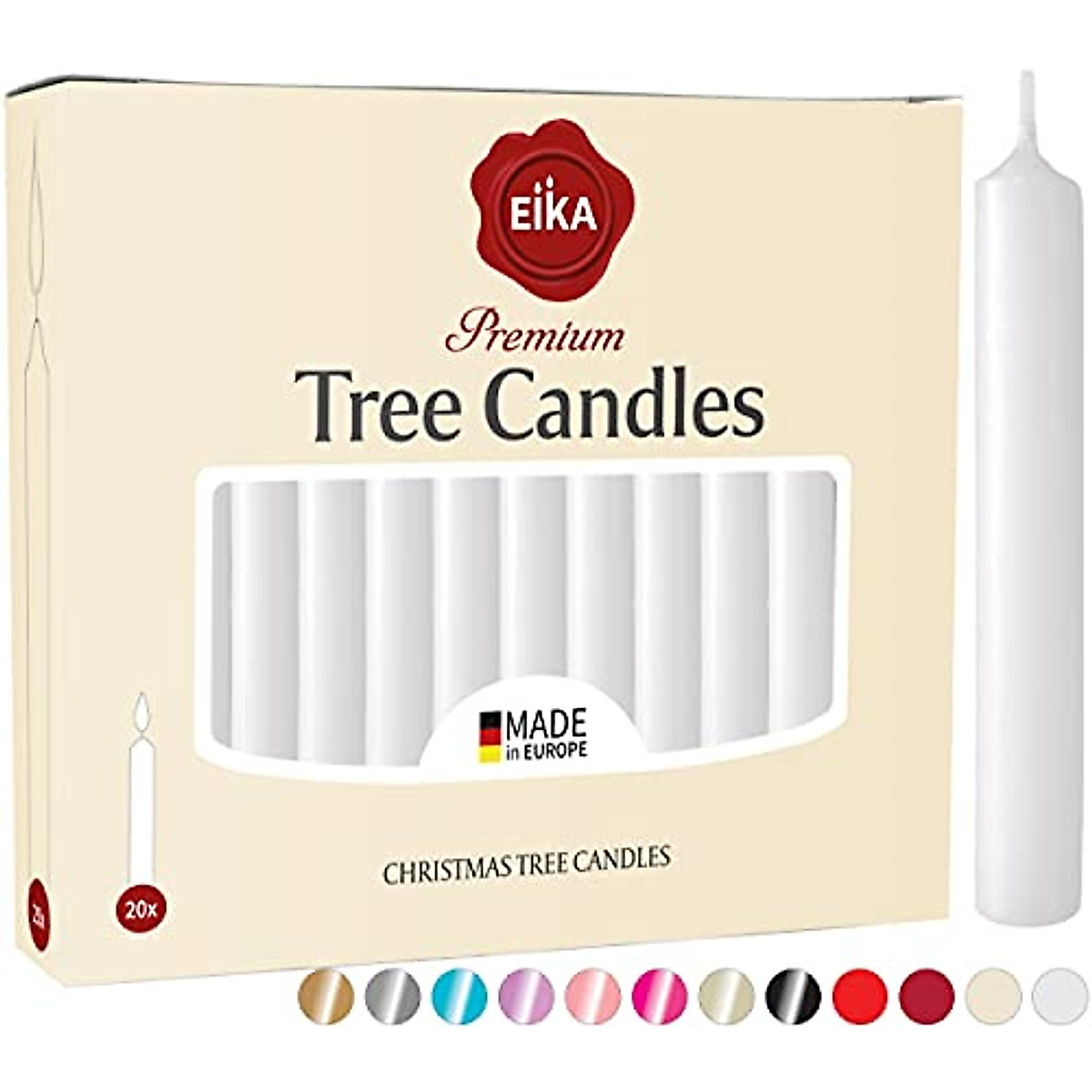Eika Premium Christmas Tree Candles - Set of 20 Traditional Christmas Wax Candles for Pyramids, Carousels & Chimes - Made in Europe - Solid Colored - White