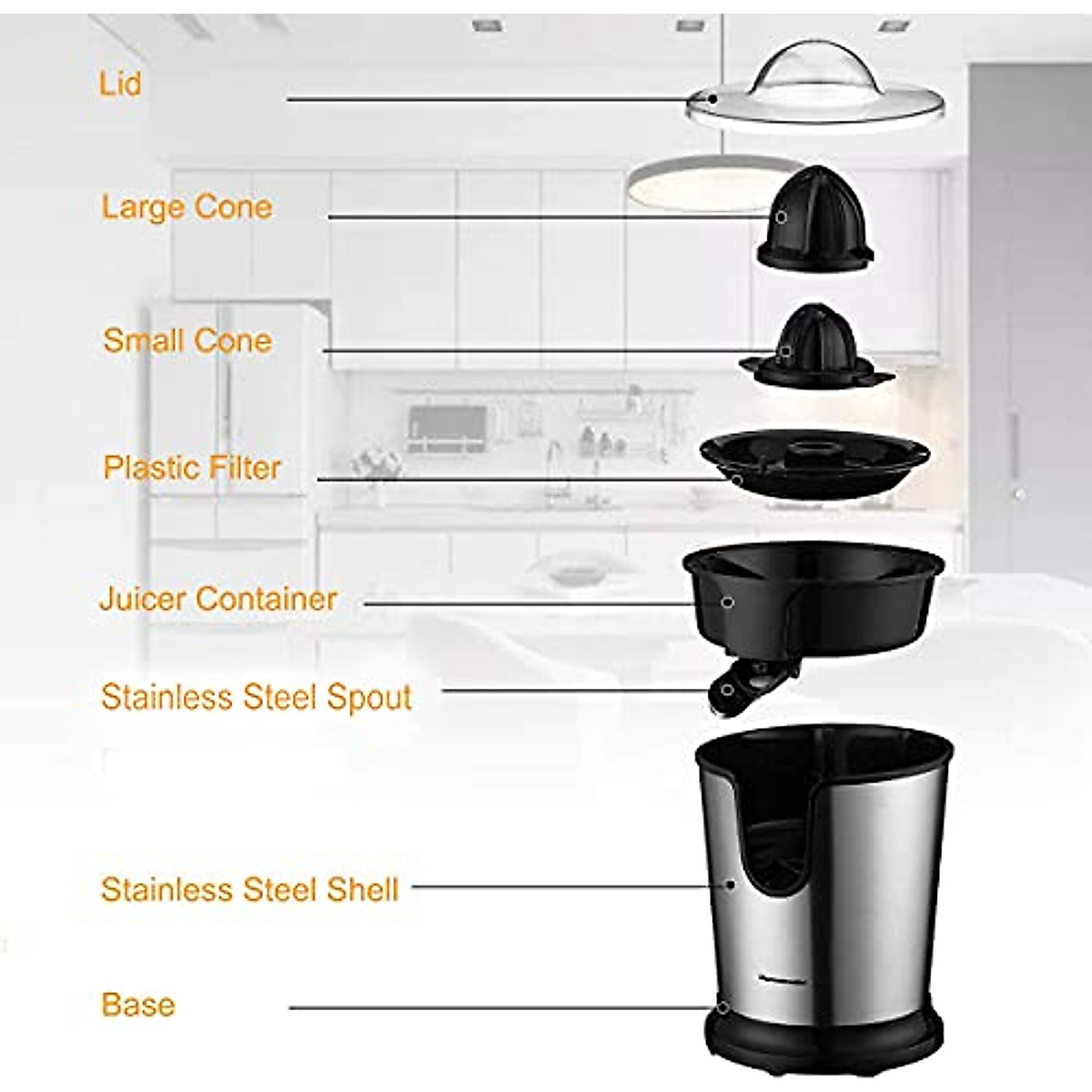 Homeleader Electric Citrus Juicer, Lemon Squeezer with Stainless Steel, Orange Squeezer with Two Cones, Powerful Motor for Grapefruits, Orange and Lemon, Black