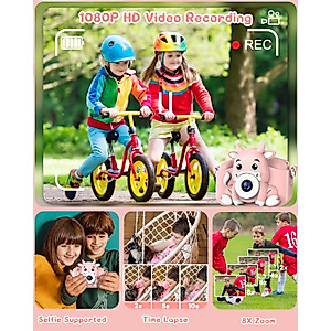 GREENKINDER Kids Camera, Toddler Digital Camera for Ages 3-12 Year Old Girls Boys Childrens, Christmas Birthday Toys Gifts, Selfie Camcorder HD 1080P Video 32GB Calf Pink