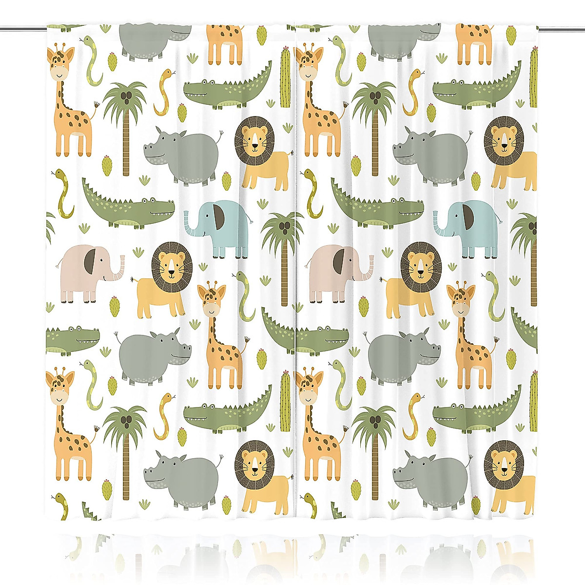 MESHELLY Kids Safari Curtains 42W X 63H Inch Rod Pocket Cute Cartoon Animals Baby Boy Nursery Bedroom Decor Woodland Jungle Lion Elephant Curtains for Children Living Room Window Drapes Fabric