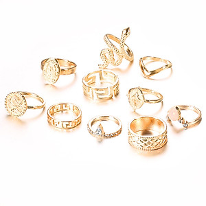 Zeshimb Boho Crystal Stackable Rings Vintage Snake Finger Rings Sparkling Rhinestone Knuckle Rings Gold Serpent Finger Rings Jewelry for Women and Girls
