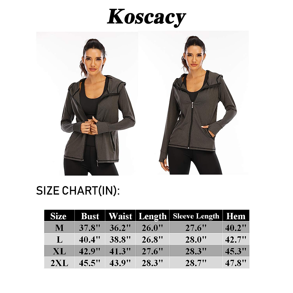 Koscacy Zip Up Hoodie Women,Lightweight Long Sleeve Full Zip Up Fitness Athletic Hoody High Elastic Ultra Soft Light Weight Sweater Sweatshirt Black Heather X-Large