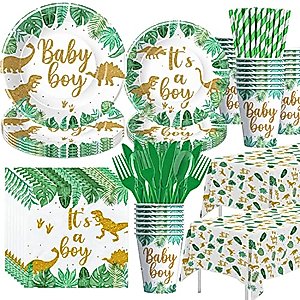 HIPVVILD Dinosaur Baby Shower Decorations for Boy - Jungle Safari Theme Baby Shower Party Supplies Include Plates, Cups, Napkins, Tablecloth, Straws, Cutlery, Dinosaur Baby Boy Decorations | Serve 24
