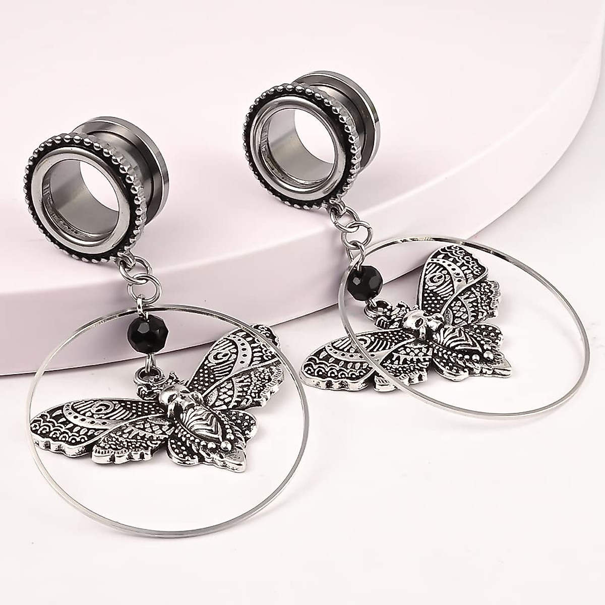 DOEARKO 2PCS Butterfly Pendant Hypoallergenic Stainless Steel Dangle Ear Plugs Tunnels Gauges Stretcher Pair Selling 2g 0g Piercing Body Jewelry (6mm(2G), Silver)