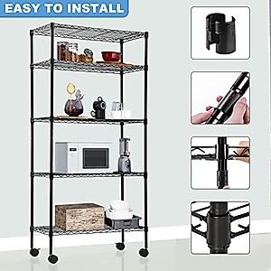 Dlewmsyic Wire Shelving with Wheels, 5 Layer 750 Lbs Capacity 60" Hx30 Lx14 W Metal Storage Shelf, Black