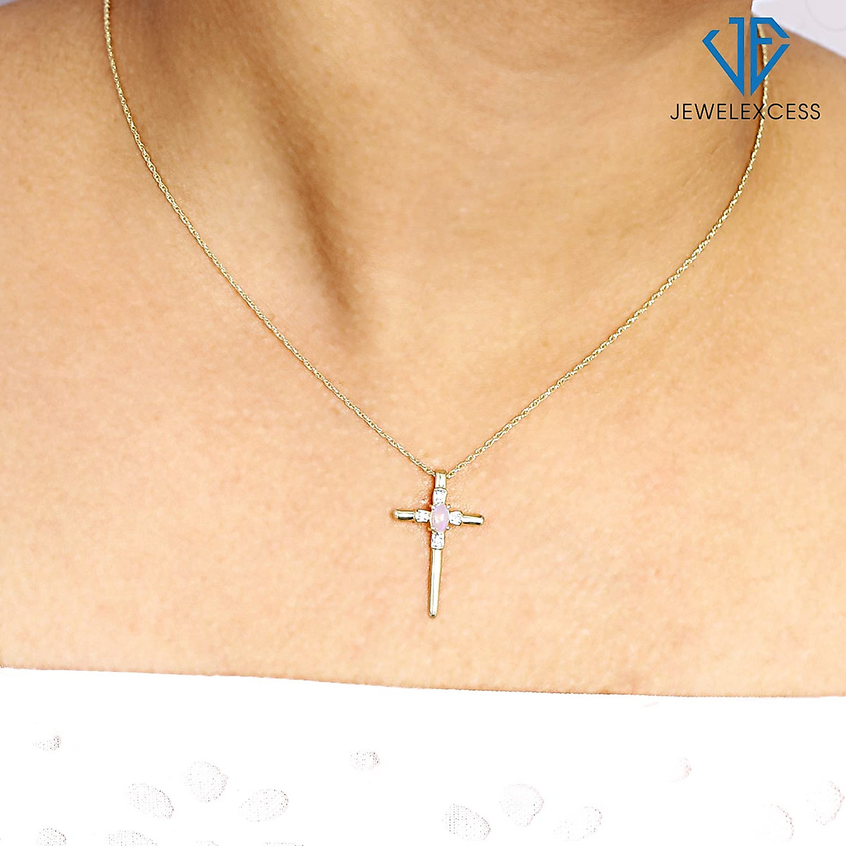 JEWELEXCESS Gold Cross Necklaces for Women – 14k Gold Cross Necklace for Women Over .925 Sterling Silver Cross – 4k Opal Necklace Centerpiece, White Diamond Accents – Hypoallergenic Cross Pendant