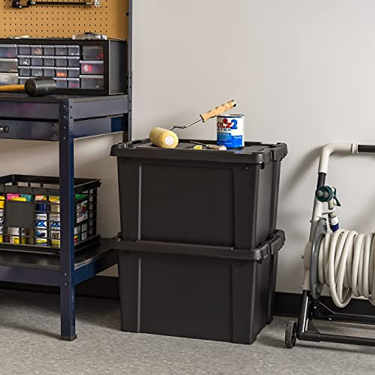 IRIS USA 19 Gallon Heavy-Duty Stackable Storage Totes, Plastic Container Bins with Durable Lids and Secure Latching Buckles for Seasonal Décor, Sporting Equipment, Garage Tool Storage, Black, 6-Pack