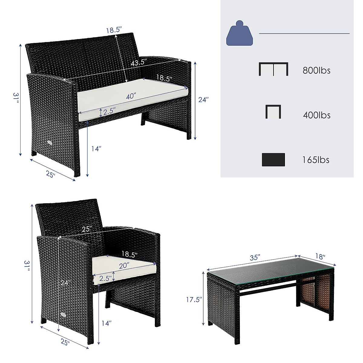 Tangkula 4 Pieces Rattan Furniture Set, Outdoor Conversation Set w/Chair & Loveseat & Tempered Glass Coffee Table, Suitable for Garden, Backyard, Poolside, Patio Furniture Set for 4 (1, White)
