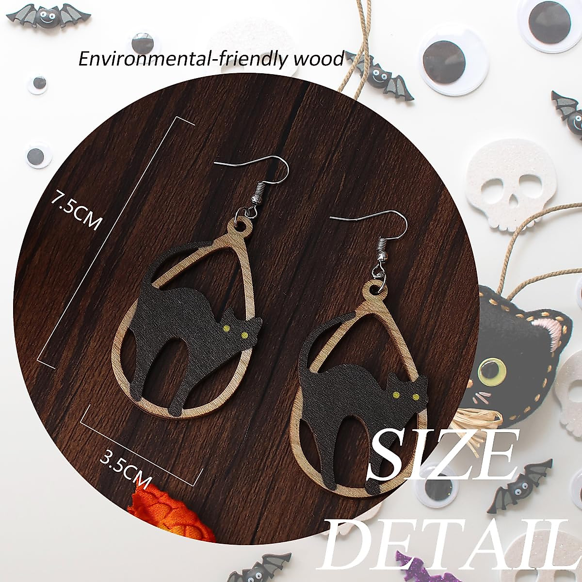 Yomlry Halloween Earrings for Women Pumpkin Black Cat Halloween Jewelry Ghost Bat Spooky Dangle Earrings for Halloween Eve Party Accessories Double-sided Holiday Wood Earrings Set Jewelry Gift black cat