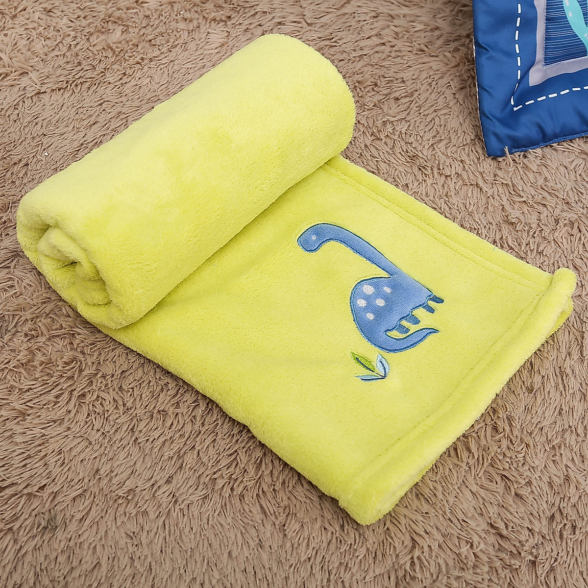 8 PC Dinosaur Crib Bedding Set for Baby Boys, Blue Nursery Set with Quilt/Sheet/Dust Ruffle/Blanket/Diaper Stacker/3 Wall Stickers, (0363)