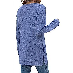 LERUCCI Women's Casual Loose Fall Sweatshirt Long Sleeve Crewneck Pullover Side Split Tunic Tops With Pockets Blue XL