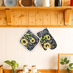 Set of Oven Mitt and Pot Holder, Sunflowers Bees Chalkboard Art Oven Gloves Heat Resistance Non-Slip Surface for Kitchen BBQ Cooking Baking Grilling, You are My Sunshine Quotes