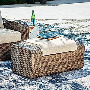 Signature Design by Ashley Sandy Bloom Casual Outdoor Ottoman with Cushion, Dark Brown & Beige