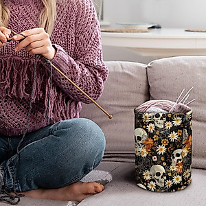 Sellikakes Daisy Skull Yarn Bag,Crochet Tote Knitting Bag Yarn Storage Organizer Holder Case for Crochet Hooks Needles Knitting Kit for Beginners