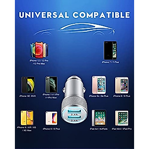 TIKALONG Car Charger Compatible with iPhone 13/12/11/XR/XS/X/Pro Max 8/7/6/6S Plus 5S/5C/SE2, iPad Air Mini Pro (2.4A Dual Port USB Car Charger Adapter with 2X 3ft Charging Cable Cord) (3in1 Pack)