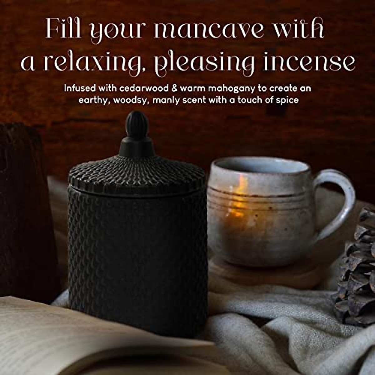 Pretty Lit Scents Mancave Luxury Scented Candles | Cedarwood &amp; Mahogany Candles for Men | Coconut Wax &amp; Essential Oils | Black Candles for Home Scented | Gifts for Men | 84 Hr Burn Time (12oz)