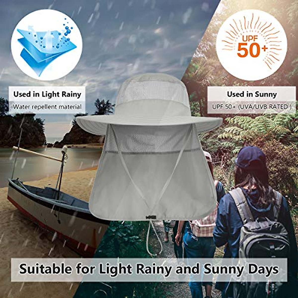 LCZTN Mens UPF 50+ Sun Protection Safari Cap Wide Brim Fishing Hiking Hat with Neck Flap for Garden Work (Light Grey)