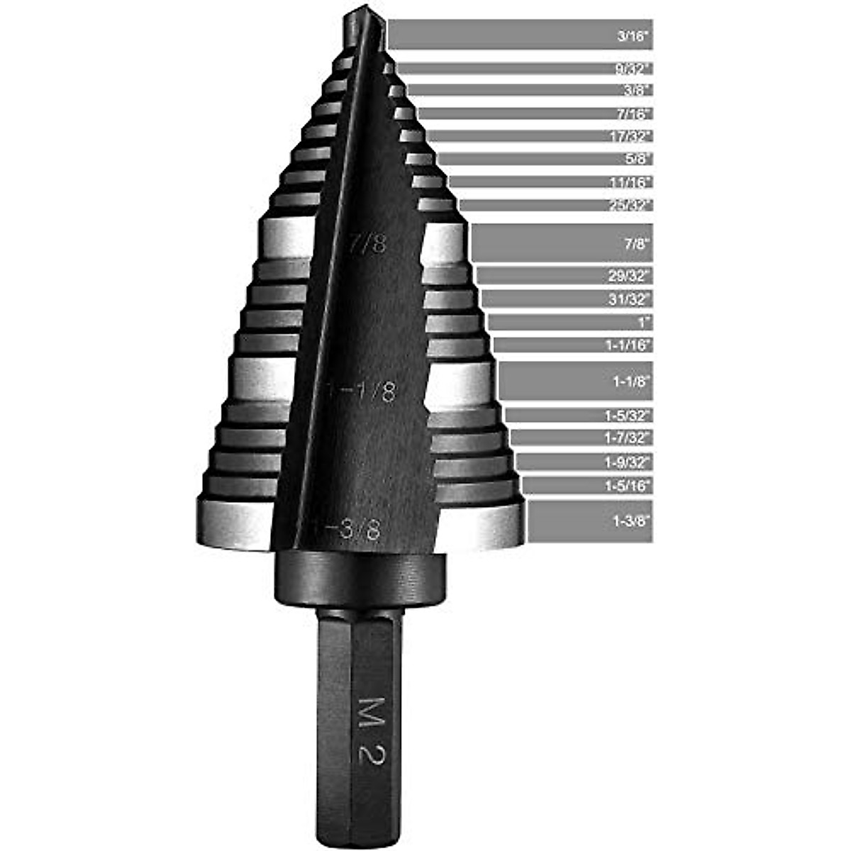 LICHAMP Double Fluted Step Drill Bit for Cutting Metal Hole 19 Sizes from 3/16 to 1-3/8 inch, Genuine High Speed Steel