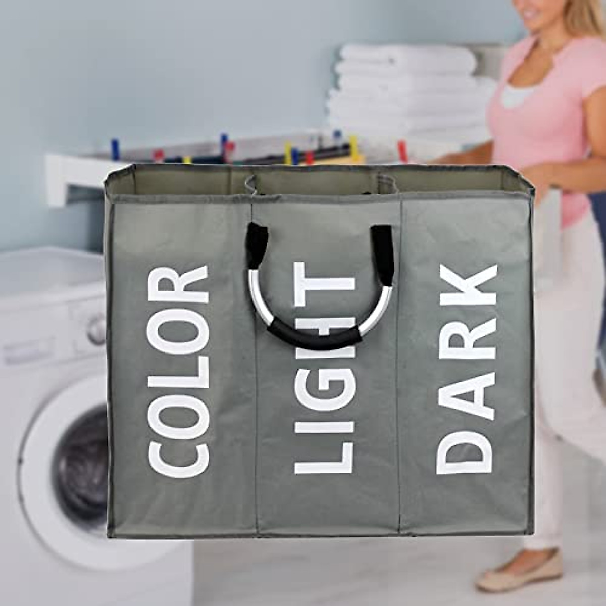 Meideli Laundry Basket 3 Section with Handles Foldable Dirty Clothes Hamper for The Bedroom Living Room Laundry Room Dark Gray