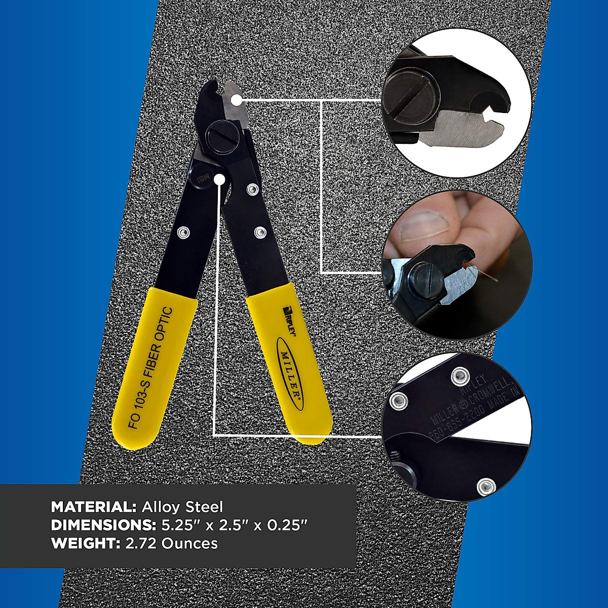 Miller FO 103-S Series Single Hole Fiber Optic Stripper for Working Technicians and Electricians, Safe Cable Tool with V-Shaped Opening, Easily Portable Wire Strippers, 2.72 Ounces