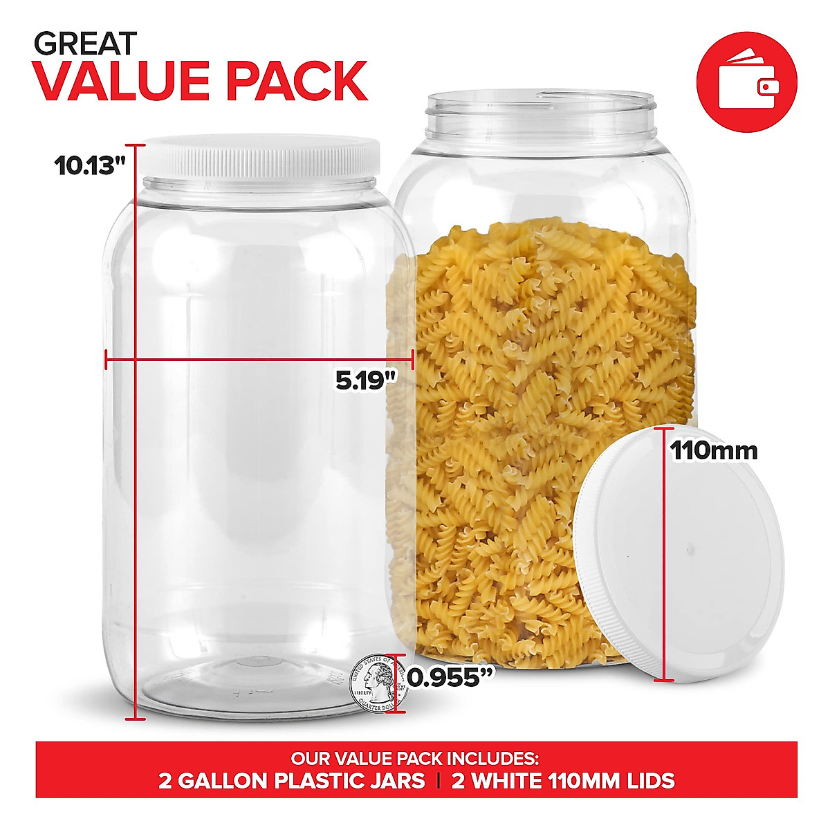 Stock Your Home 1 Gallon Clear Plastic Jars with Lids (2 Pack) 128 oz Wide Mouth Large Jar with Lid, Big Container for Candy, Cookies, Arts & Crafts, Bartender Money Tips, Kitchen & Pantry Storage