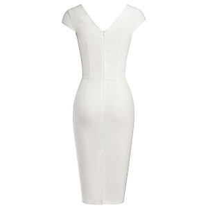 MUXXN Ladies Cut Out Neck High Stretch Pleated Wear to Work Midi Office Dress with Sleeve (Off White L)